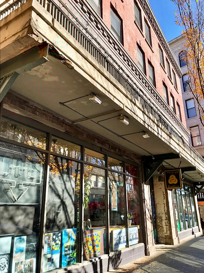 The iconic "EAT SLEEP READ" sign beckons bibliophiles like a literary lighthouse on Haywood Street. Downtown Asheville's brick-and-mortar sanctuary for the written word.