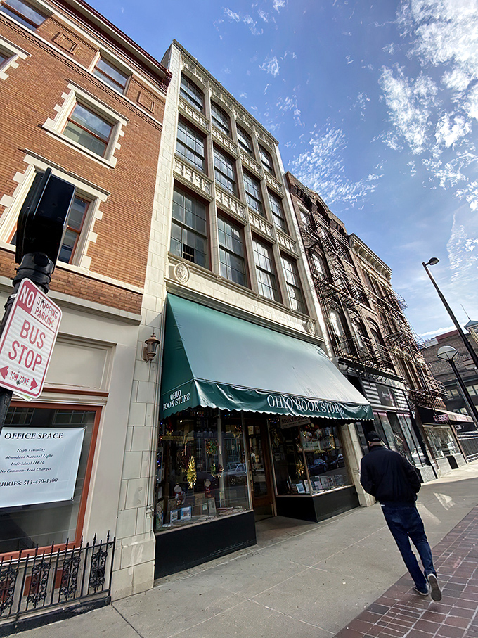 The iconic green awning of Ohio Book Store has been beckoning bibliophiles to this Cincinnati literary sanctuary since 1940. Literary paradise awaits!