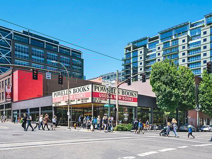 The iconic Powell's Books storefront stands proudly on West Burnside, a literary beacon in Portland's Pearl District that promises adventures between covers rather than passport stamps.