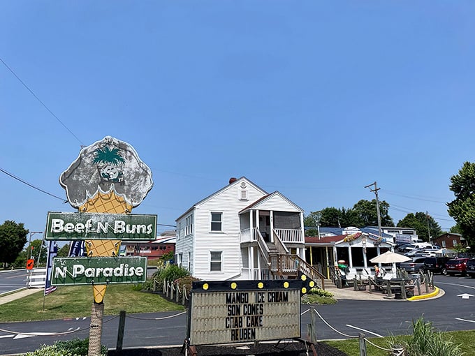 Paradise found! The charming exterior of Beef 'n Buns 'n Paradise beckons with its beachy vibe and outdoor seating&mdash;a tropical escape in suburban Maryland.