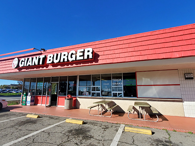 The iconic red-roofed Original Giant Burger stands like a beacon of burger hope on the San Leandro landscape. Simple, straightforward, and promising exactly what you need.