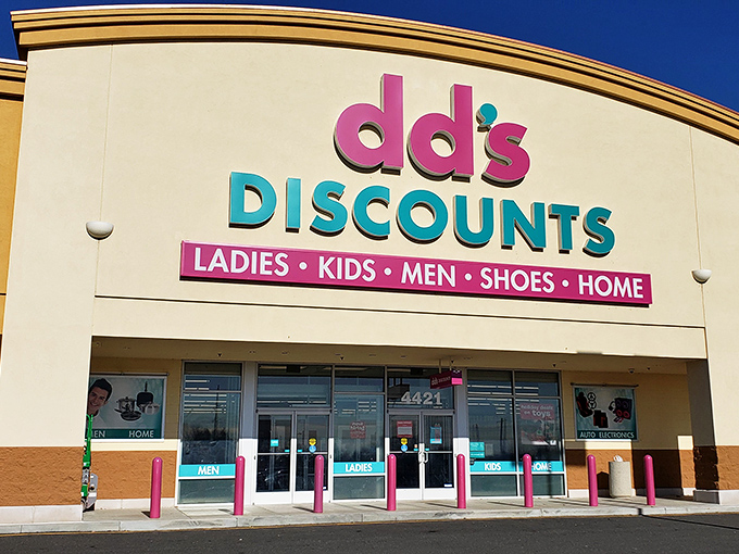 The iconic pink and teal signage of dd's DISCOUNTS stands out like a beacon of bargain hope against the Delaware sky.