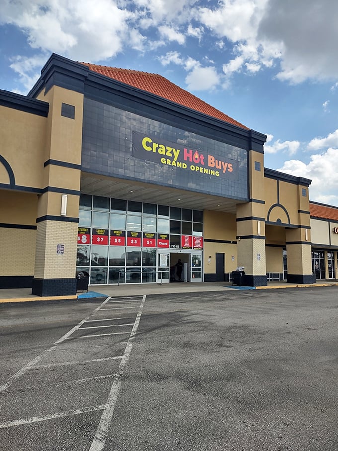 The storefront beckons like a retail siren song, with those magical daily price points displayed front and center. Bargain paradise awaits!