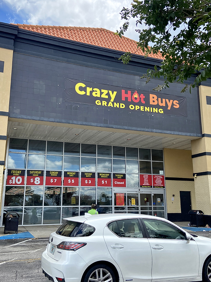 The storefront beckons like a retail siren song, with those magical daily price points displayed front and center. Bargain paradise awaits!