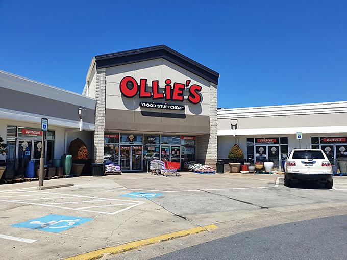 The iconic red Ollie's sign promises "GOOD STUFF CHEAP" &ndash; a siren call to bargain hunters that's impossible to resist.