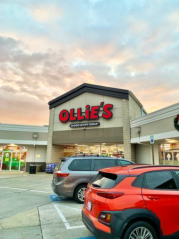 The iconic red Ollie's sign promises "GOOD STUFF CHEAP" &ndash; a siren call to bargain hunters that's impossible to resist.