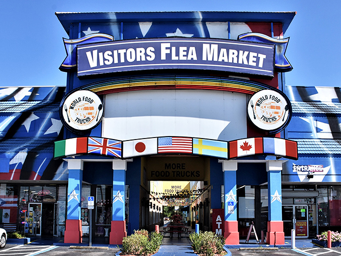 The blue-starred facade of Visitors Flea Market stands like a retail United Nations, complete with international flags welcoming bargain hunters from around the globe.