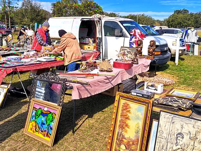 Treasure hunting begins at dawn, where vintage artwork leans against vans and pickup trucks become impromptu galleries. Florida's sunshine provides perfect lighting for spotting that must-have gem.
