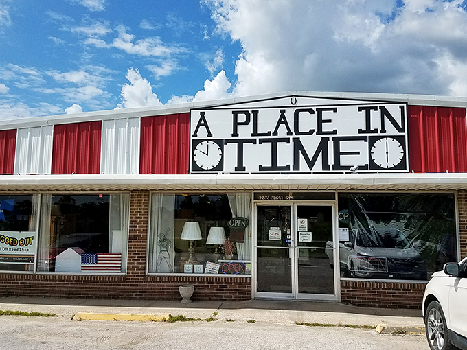 The red and white exterior of A Place In Time isn't just eye-catching&mdash;it's practically announcing "treasures inside!" like a carnival barker with better taste.