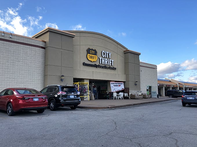 The grand facade of City Thrift stands like a cathedral of secondhand treasures, beckoning bargain hunters with its promise of affordable adventures.