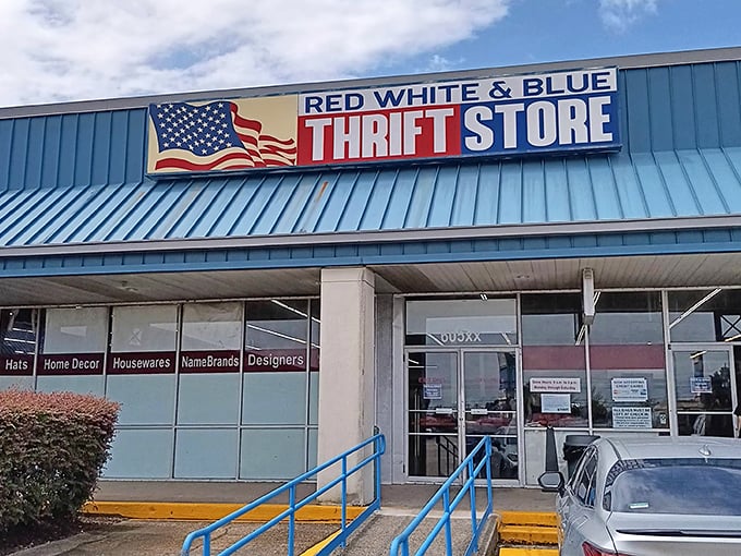The patriotic blue roof and bold signage announce your arrival at treasure-hunting paradise. Budget-friendly dreams begin here!