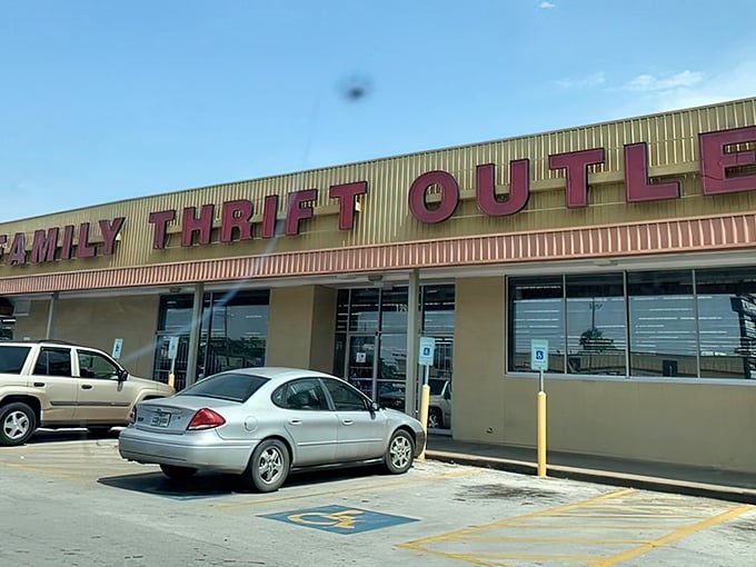 The iconic red lettering of Family Thrift Center Outlet stands bold against the Houston sky, like a beacon calling all treasure hunters to adventure.