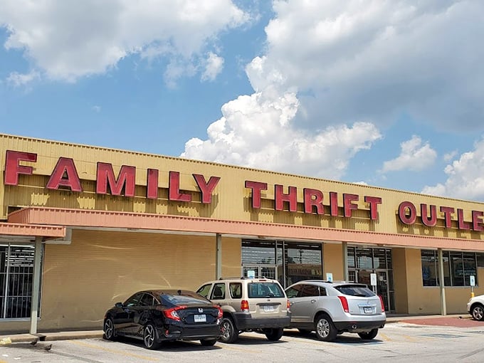 The golden facade of Family Thrift Center Outlet stands like a beacon of bargain hope along Houston's Little York Road.