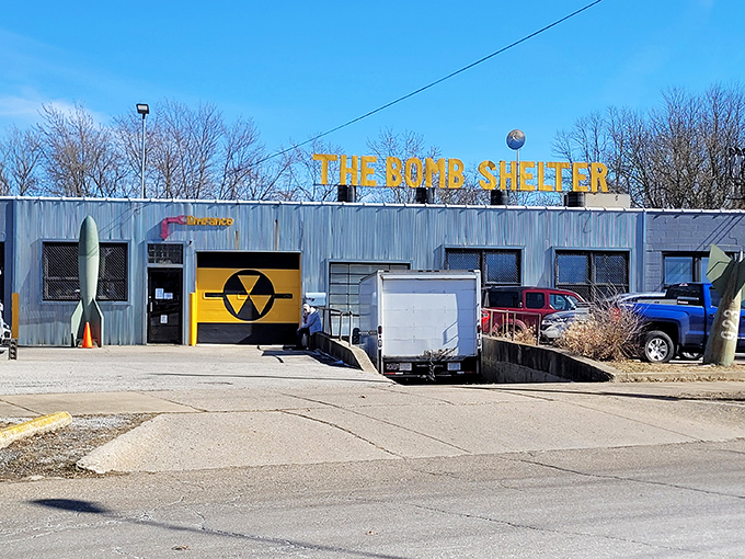 The Bomb Shelter's exterior doesn't mess around&mdash;complete with missile prop and nuclear symbol door. Cold War chic meets treasure hunter's paradise.