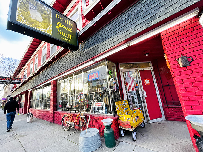 The crimson facade of Really Good Stuff beckons like a vintage siren, complete with classic red wagon and nostalgic storefront charm that screams "treasures inside!"