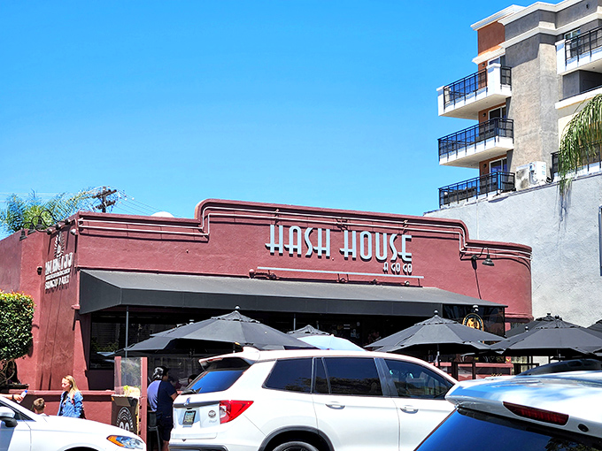 The unassuming pink exterior of Hash House A Go Go hides a culinary wonderland within. Like finding Willy Wonka's factory in a strip mall.