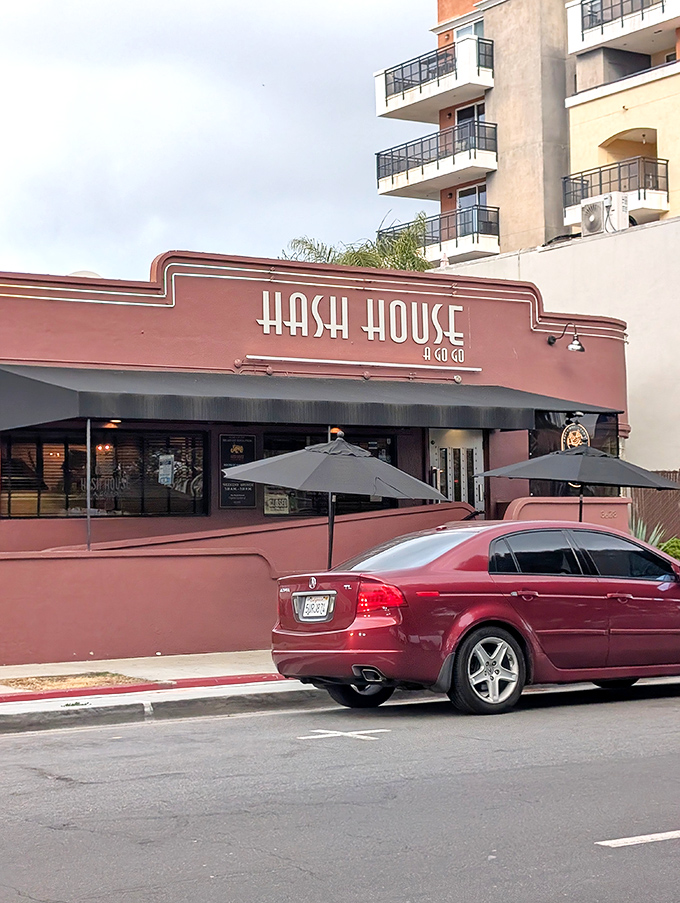 The unassuming pink exterior of Hash House A Go Go hides a culinary wonderland within. Like finding Willy Wonka's factory in a strip mall.