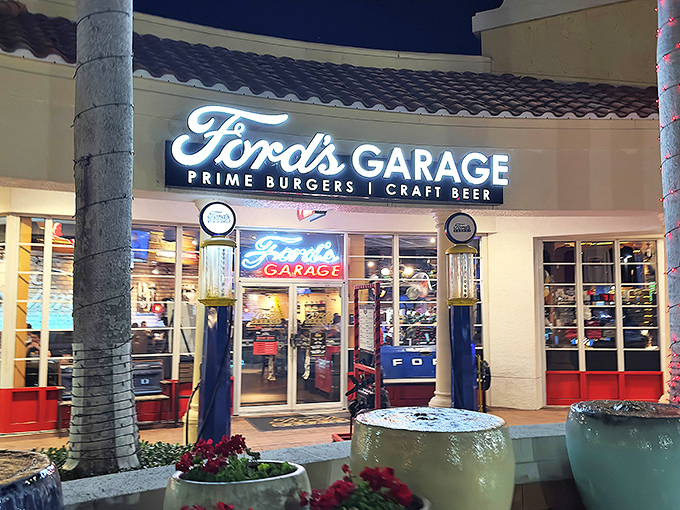 Ford's Garage brings automotive nostalgia to downtown Fort Myers with its distinctive storefront. The promise of prime burgers and craft beer beckons like a siren song to hungry travelers.