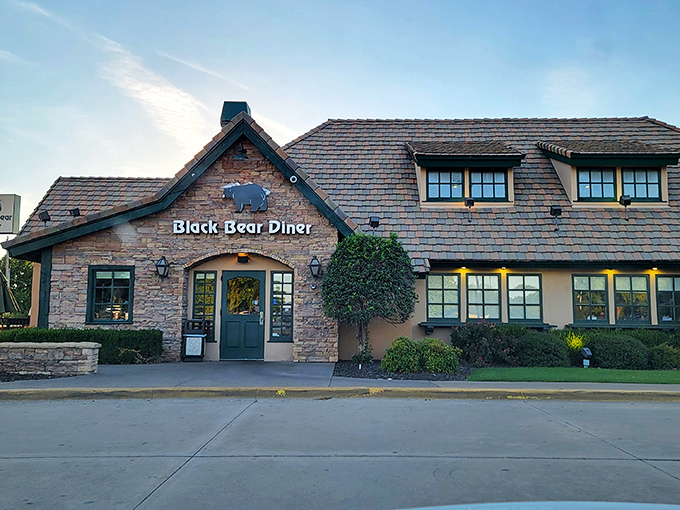 The mountain lodge meets Main Street America at Black Bear Diner's Quail Springs location. That blue bear silhouette promises comfort food salvation inside.