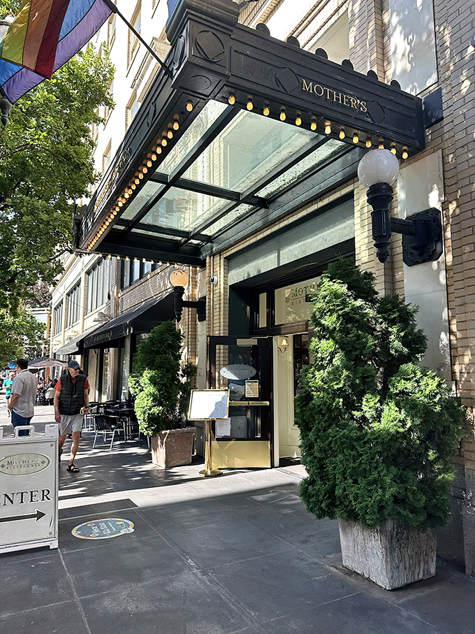 The elegant marquee of Mother's Bistro welcomes you like an old friend who happens to live in a really fancy house.