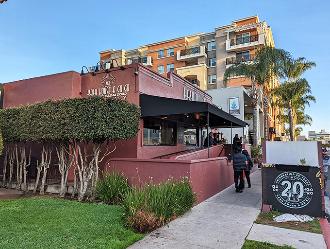 The unassuming pink exterior of Hash House A Go Go hides a culinary wonderland within. Like finding Willy Wonka's factory in a strip mall.