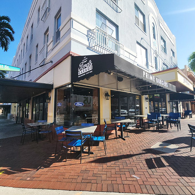 Ford's Garage brings automotive nostalgia to downtown Fort Myers with its distinctive storefront. The promise of prime burgers and craft beer beckons like a siren song to hungry travelers.