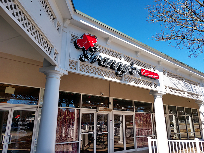 Granny's welcoming storefront promises comfort food salvation with its charming white lattice and signature red rose logo. Southern hospitality begins at the door.