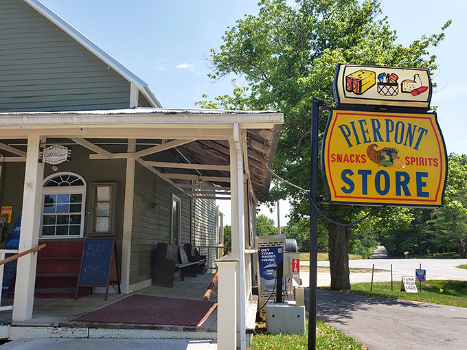 The humble green exterior of Pierpont General Store belies the culinary treasures within. Those "Farm Fresh Eggs" are just the beginning of your flavor journey. 