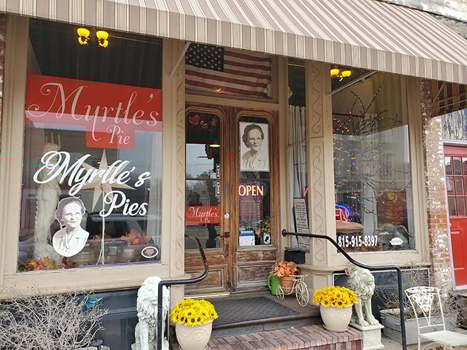 The storefront that launched a thousand pie pilgrimages. Myrtle's charming exterior with its striped awning promises sweet treasures within.