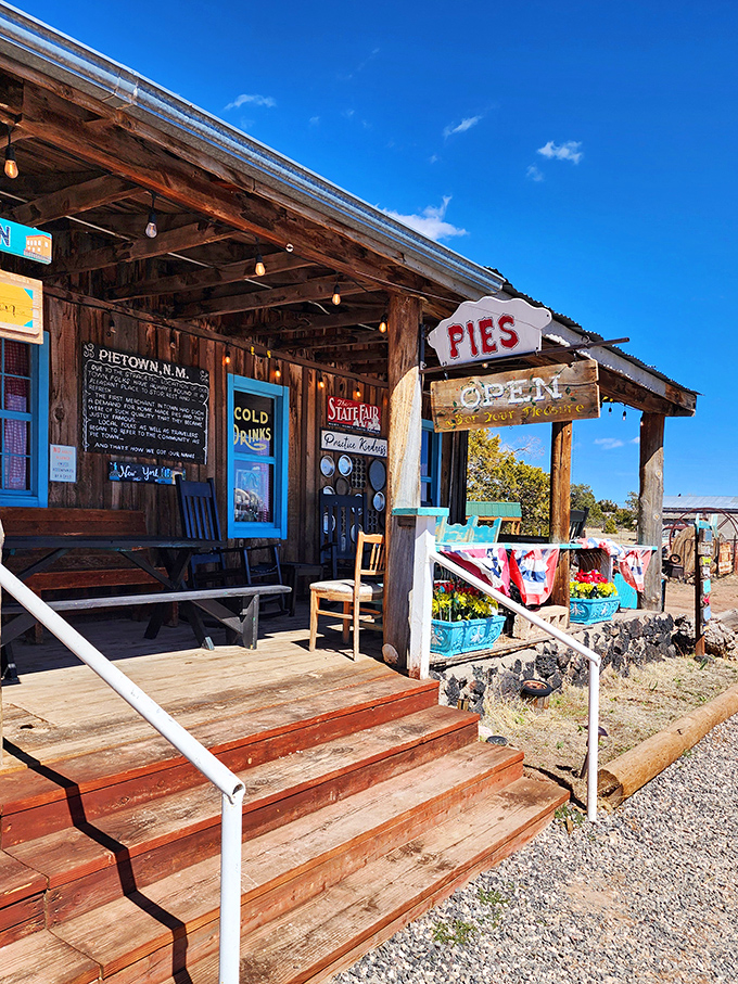 The weathered wooden facade of Pie-O-Neer stands like a delicious mirage in the New Mexico desert, promising sweet salvation to weary travelers.