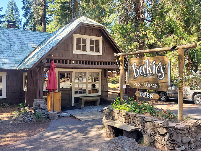 Beckie's rustic cabin exterior looks like it was plucked straight from a fairy tale about comfort food and forest adventures.