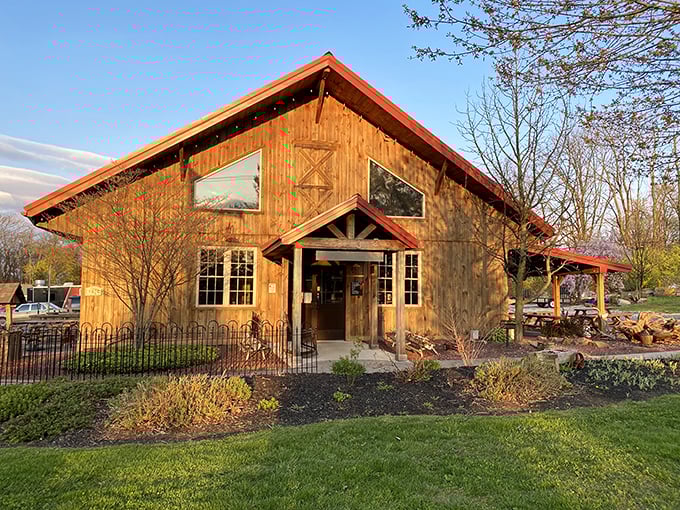 The red-roofed rustic charm of Stampede Barbecue stands like a cathedral to smoked meats, beckoning hungry pilgrims from across Pennsylvania's rolling countryside.