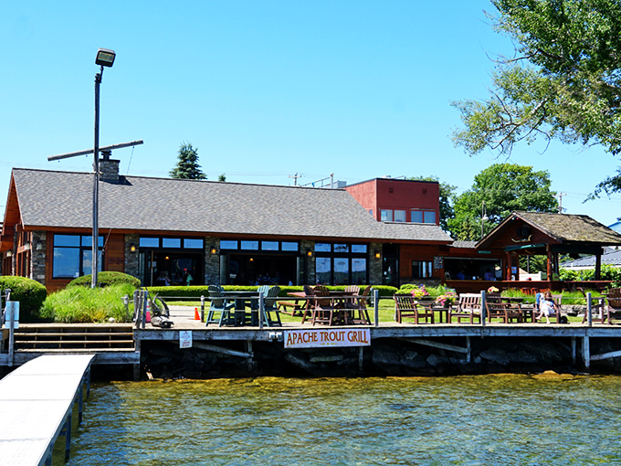 The warm cedar exterior of Apache Trout Grill beckons like a luxurious fishing lodge that happens to serve some of Michigan's finest seafood.