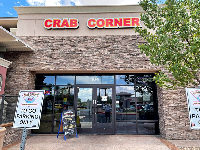 The desert mirage is real! Crab Corner's stone facade and bright red signage stands out like a seafood lighthouse beckoning hungry Nevadans home.