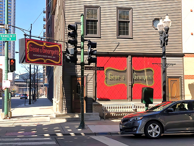 The iconic red and gold sign beckons like a lighthouse for steak lovers. Chicago's culinary history hangs right there on Franklin Street.