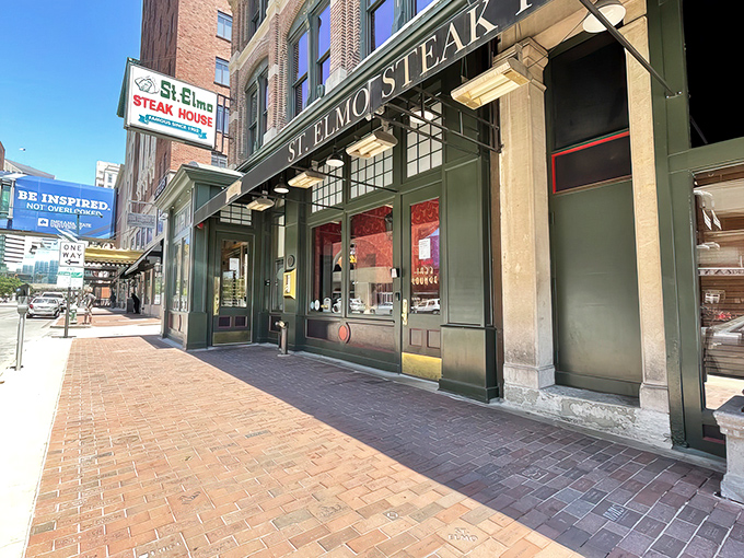 The historic brick fa&ccedil;ade of St. Elmo Steak House stands proudly on Illinois Street, a culinary landmark that's been tempting Indianapolis carnivores for generations.