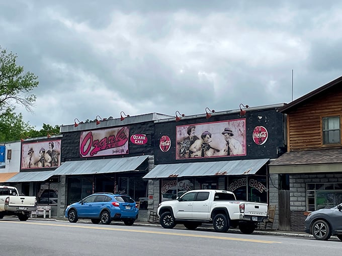 The classic facade of Ozark Cafe stands proudly on Jasper's main street, its vintage signage and Coca-Cola murals promising a time-traveling culinary adventure.