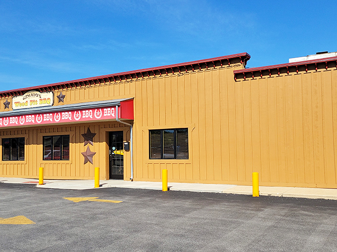 The golden facade of Gemato's stands like a beacon of barbecue hope on an ordinary suburban street. No fancy frills, just the promise of smoky delights within.