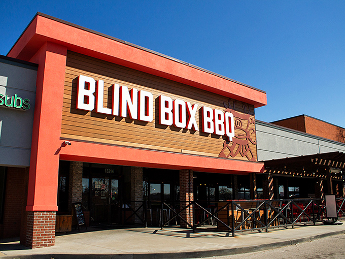 The bright orange facade of Blind Box BBQ stands out like a beacon for hungry barbecue pilgrims. No smoke signals needed&mdash;you can smell the goodness from the parking lot.