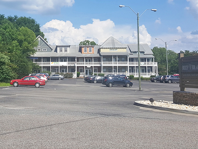 This charming building nestled among the trees houses a welcoming sports bar perfect for game day gatherings.