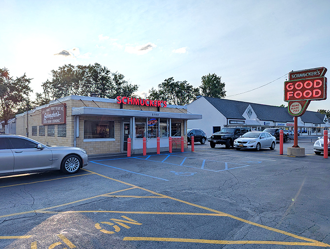 The unassuming yellow brick exterior of Schmucker's promises what every great diner should: "Good Home Cooking" without pretense or fanfare.