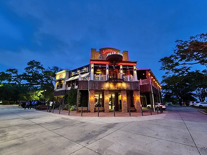 The brick facade of Saltgrass Steak House in Biloxi stands like a carnivore's castle, promising meaty treasures within its Texas-inspired walls.