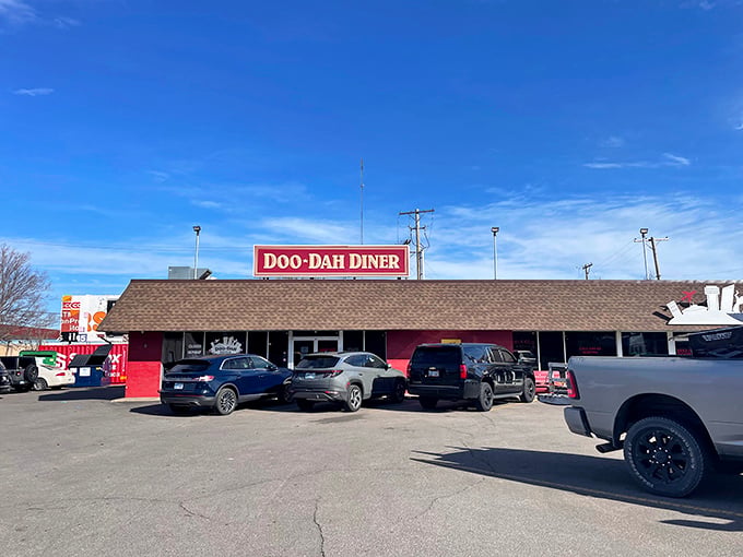The bright red exterior of Doo-Dah Diner stands like a beacon of breakfast hope in Wichita, promising culinary salvation to the hungry and caffeine-deprived.