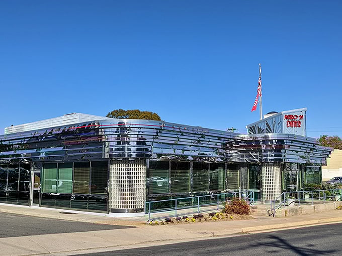 The gleaming stainless steel exterior of Metro 29 Diner stands like a time capsule from the golden age of American dining, complete with that unmistakable retro charm.