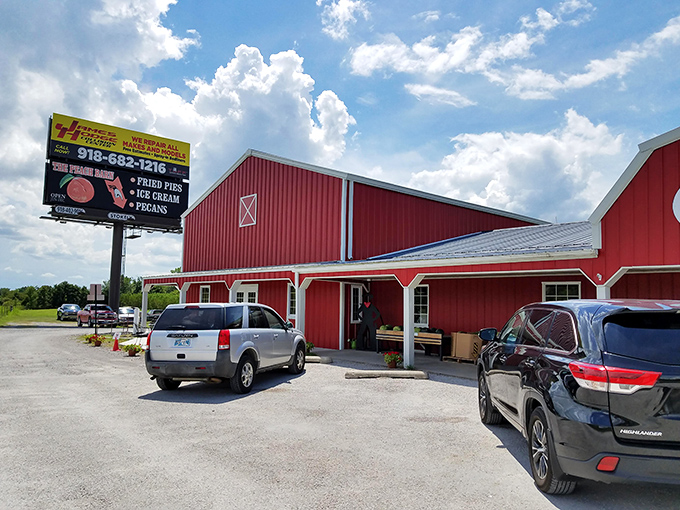 The iconic red barn stands proudly against the Oklahoma sky, like a beacon calling to pie lovers everywhere. "Peach Barn" isn't just a name&mdash;it's a promise.