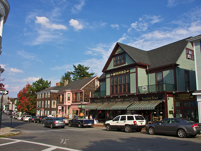 Colorful colonial buildings line Marblehead's historic streets, where time seems to slow down and history whispers from every corner.