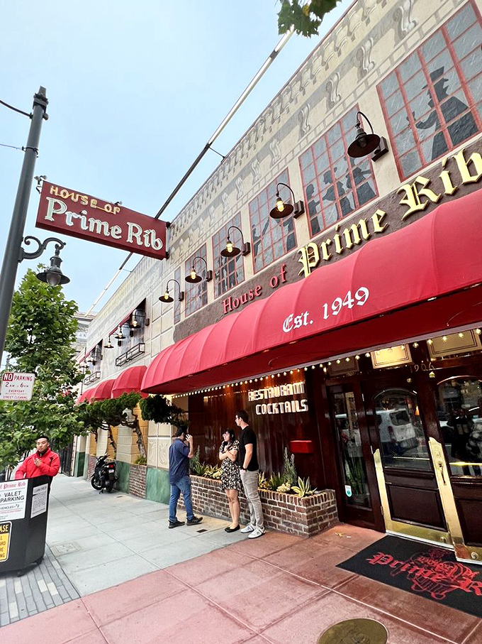 The iconic red awning of House of Prime Rib stands as a beacon of carnivorous delight on Van Ness Avenue, promising timeless indulgence within.