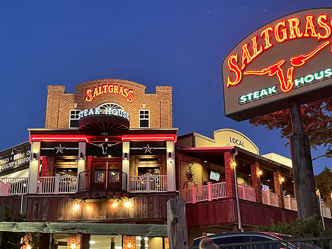 The brick facade of Saltgrass Steak House in Biloxi stands like a carnivore's castle, promising meaty treasures within its Texas-inspired walls.
