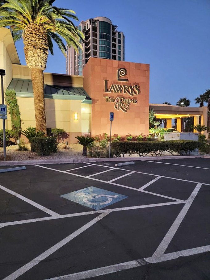 The iconic terracotta facade of Lawry's stands proudly against the Vegas sky, promising carnivorous delights within&mdash;a meaty oasis amid the neon desert. 