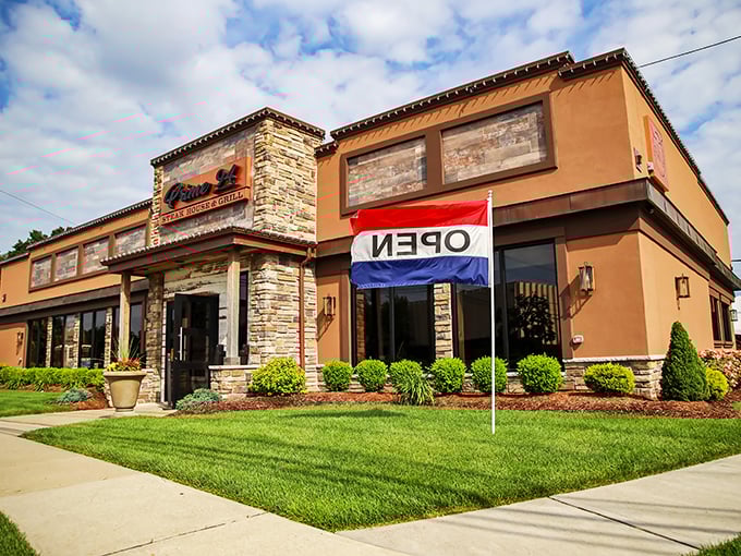 Stone facade, lush landscaping, and an American flag &ndash; Prime 94 announces itself with the confidence of a restaurant that knows exactly what it's doing.